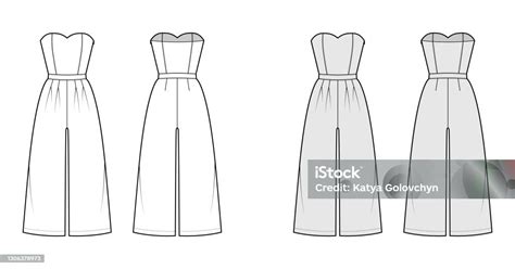 발목 길이 정상 허리 상승 더블 플리츠 스트랩리스가 있는 점프수트 퀼로트 전체 적인 테크니컬 패션 일러스트 0명에 대한 스톡 벡터 아트 및 기타 이미지 Istock