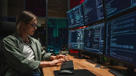female programmer coding on desktop computer with six monitors setup in dark office smart