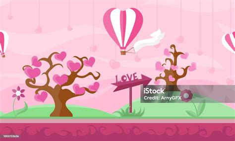핑크 발렌타인 하루 풍경 아름 다운 마음 나무와 공기 풍선 벡터 일러스트입니다 게임 모험 장면입니다 2월에 대한 스톡 벡터 아트 및 기타 이미지 Istock