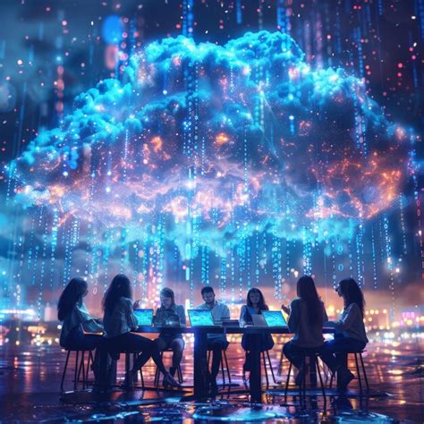 Diverse Team Collaborating On Cloud Computing With Glowing Binary Cloud Premium Ai Generated Image
