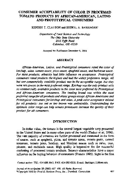 Pdf Consumer Acceptability Of Color In Processed Tomato Products By