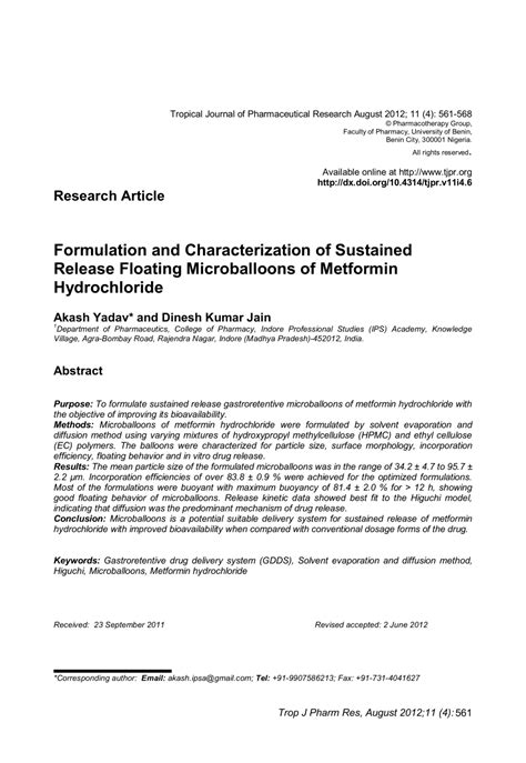 Pdf Formulation And Characterization Of Sustained Release Floating Microballoons Of Metformin