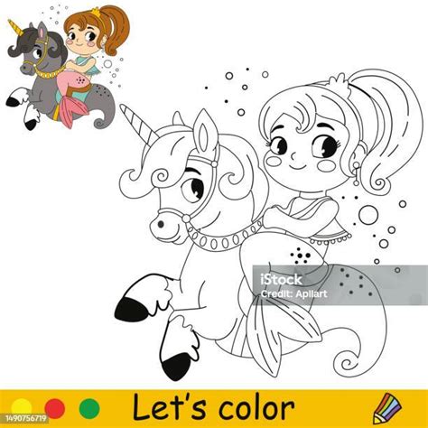 귀여운 인어를 색칠하는 아이들이 해마 벡터를 타고 있다 유니콘에 대한 스톡 벡터 아트 및 기타 이미지 유니콘 클립아트