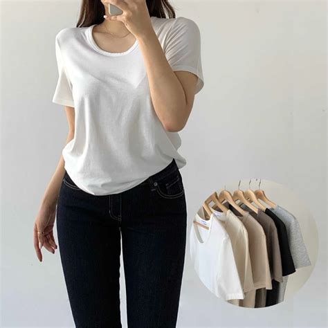 로렌블 무료배송 여리핏 유넥 티셔츠 기본티 루즈핏 모달 흰티 슬라브티 텐션티 세미크롭 이너 U넥반팔티 여름 반팔 썸머 크롭 여행 휴양지