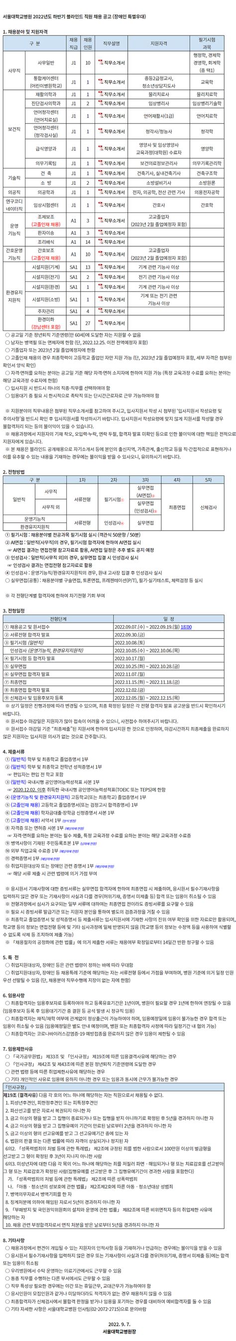 서울대학교병원 채용공고 2022년도 하반기 블라인드 직원 채용 공고 장애인 특별우대 2022년 채용
