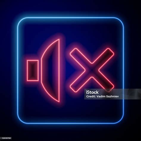 파란색 배경에 격리 된 빛나는 네온 스피커 음소거 아이콘입니다 사운드 아이콘이 없습니다 볼륨 끄기 기호입니다 벡터 일러스트레이션 개념에 대한 스톡 벡터 아트 및 기타 이미지