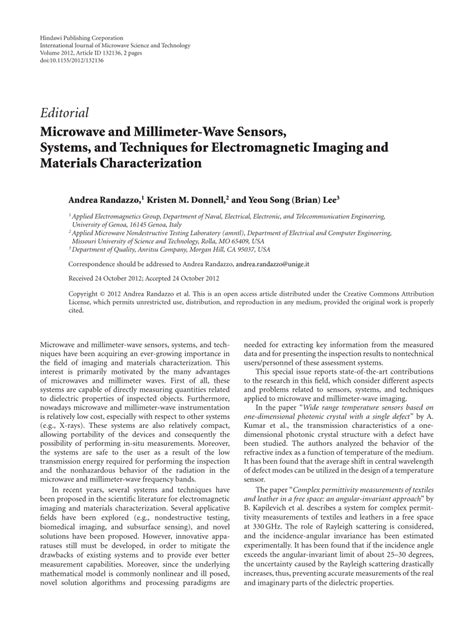 Pdf Microwave And Millimeter Wave Sensors Systems And Techniques For Electromagnetic Imaging