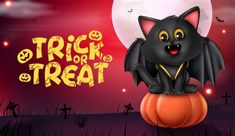 트릭 또는 치료 인사말 텍스트 벡터 디자인 할로윈 귀여운 친절한 고양이는 공포 무서운 초대 카드를 위해 호박 요소에 앉아 있습니다 검은색에 대한 스톡 벡터 아트 및 기타