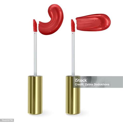 밝은 붉은 색 립글로스 브러시와 흰색 바탕에 립스틱의 얼룩의 액체 립스틱 장식 화장품의 승진을 위한 전단지에 사용할 수 있습니다 0명에 대한 스톡 벡터 아트 및 기타 이미지