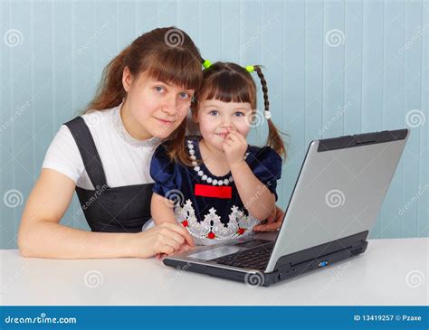 Mother And Daughter With Computer Stock Image Image Of Fingers Young