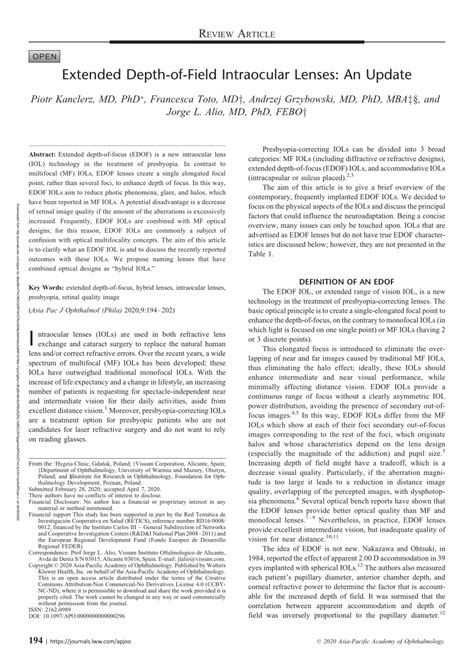 pdf extended depth of field intraocular lenses an update