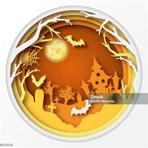 종이 예술 유령의 집 바보 문 무덤 죽은 나무 가지와 비행 박쥐 묘지 할로윈 배경 현대 종이 잘라 할로윈 파티 스타일 전단지 나 초대장 서식 파일 종이에 대한 스톡 벡터