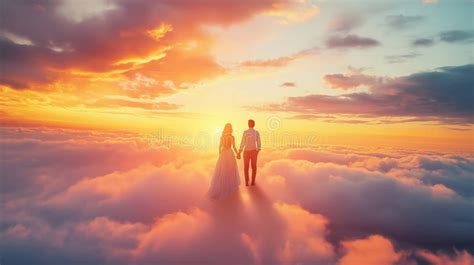 Couple Embraces Sunset On Clouds With Doves In Sky During A Serene