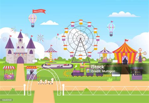 놀이 공원 재미있는 야외 엔터테인먼트 명소 어린이 축제 도시 롤러 코스터 서커스 텐트 하늘 풍선 회전 목마 기차 벡터 배경 건축에 대한 스톡 벡터 아트 및 기타 이미지