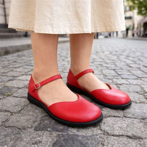 Red Mary Jane Flats Women Leather Mary Jane Shoes Comfortable
