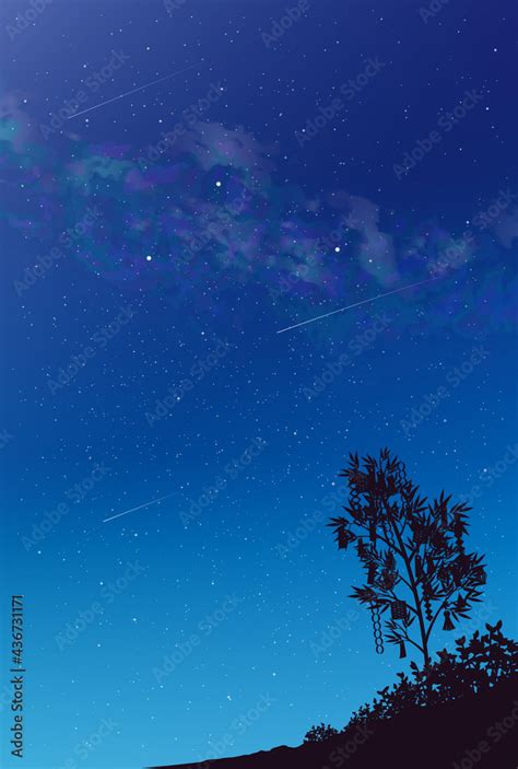 Vetor de 天の川と夏の大三角の風景イラスト 七夕 短冊 背景素材 do Stock Adobe Stock