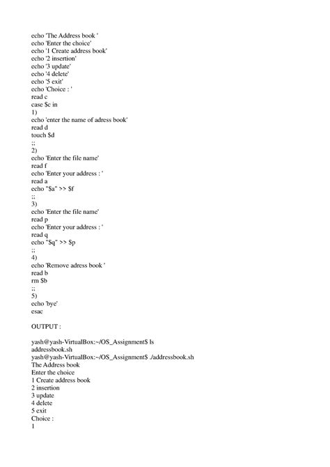 Address Book Using Shellscript Echo The Address Book Echo Enter The Choice Echo 1 Create