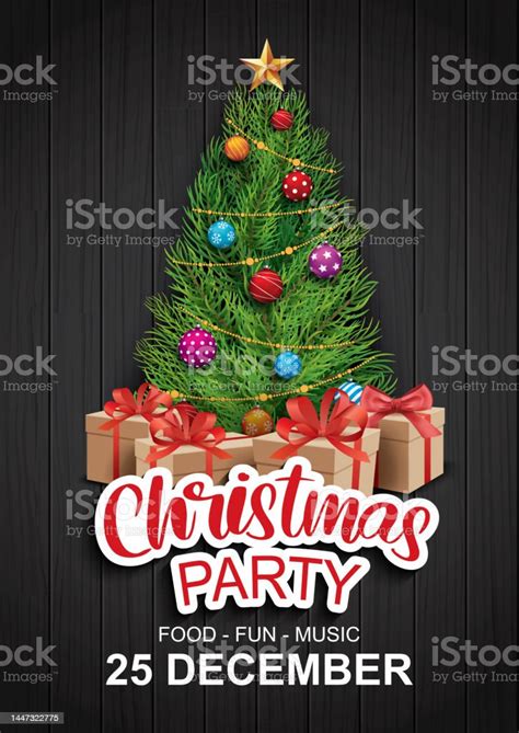 나무 배경 초대장 테마 개념에 대한 전단지 브로셔 디자인을 위한 나무와 선물 상자가 있는 메리 크리스마스 파티 해피 홀리데이 인사말 배너와 카드 템플릿입니다 12월에 대한