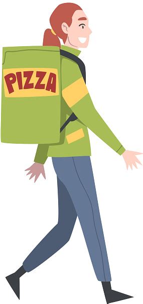 배달 소녀 그녀의 뒷면에 소포 상자와 함께 걷는 피자 배달 서비스 만화 스타일 벡터 일러스트 독일에 대한 스톡 벡터 아트 및 기타 이미지 Istock