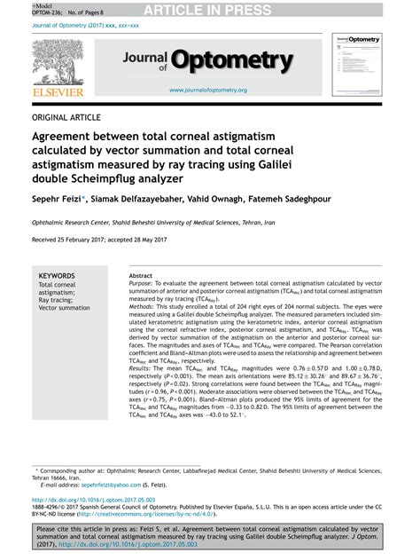 Solution Agreement Between Total Corneal Astigmatism Calculated By Vector Summation And Total