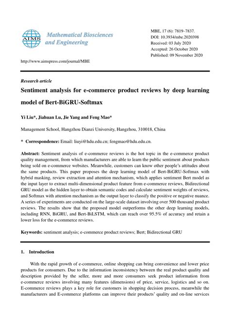 Pdf Sentiment Analysis For E Commerce Product Reviews By Deep Learning Model Of Bert Bigru Softmax