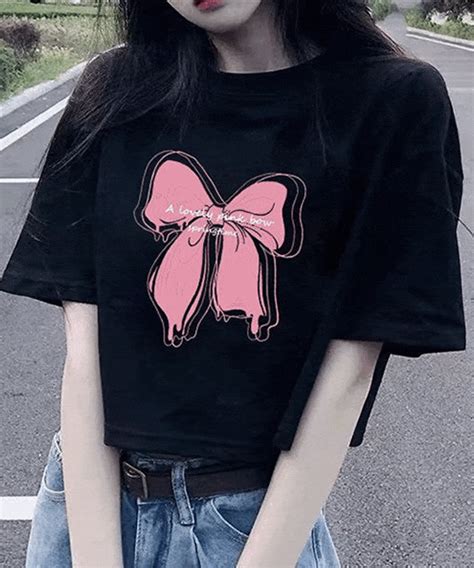 🔥오늘출발🔥[1 1]리본 프린팅 세미 크롭 반팔 티셔츠 에이블리