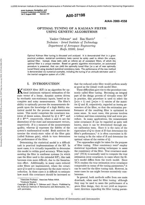 pdf optimal tuning of a kalman filter using genetic algorithms