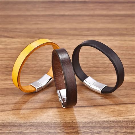 Tough Men Punk Retro Cowhide Bracelets Handmade Black Steel Magnetic