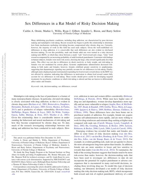PDF Sex Differences In A Rat Model Of Risky Decision Making