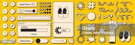 복고풍 네오 브루탈리즘 스타일의 사용자 인터페이스 Ui Ux 디자인을 위한 요소 순진한 창백한 모양과 얼굴 노란색 배경에 단색 요소 벡터 일러스트레이션 아이콘에 대한 스톡