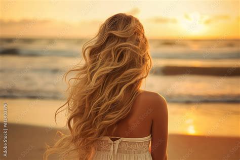 Frau Mit Langen Blonden Haaren Steht Am Strand Und Blick Auf Das Meer