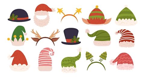 Premium Vector Christmas Festive Hats Merry Holiday Santa Red Cap And Beard Reindeer Antlers