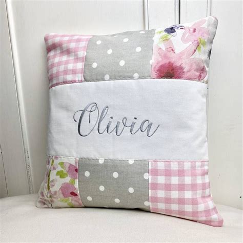 Pink And Grey Patchwork Name Cushion Memory Pillows Patchwork Quilt