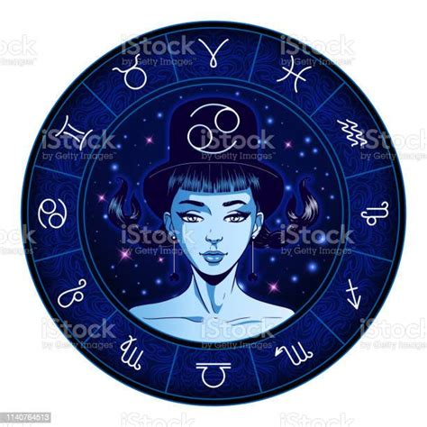 암 조디악 로그인 아트 워크 아름 다운 소녀 얼굴 별자리 기호 스타 기호 벡터 일러스트 레이 션 점성술 기호에 대한 스톡 벡터