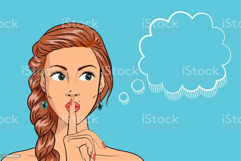 예쁜 여자는 그녀의 입술에 그녀의 손가락을 넣어 침묵을 요구 소녀와 판매 또는 할인의 광고 포스터입니다 벡터 일러스트 땋은 머리에 대한 스톡 벡터 아트 및 기타 이미지