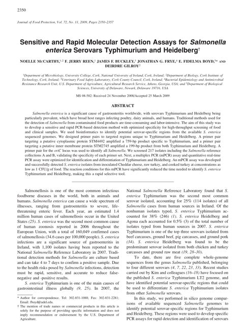 Pdf Sensitive And Rapid Molecular Detection Assays For Salmonella Enterica Serovars