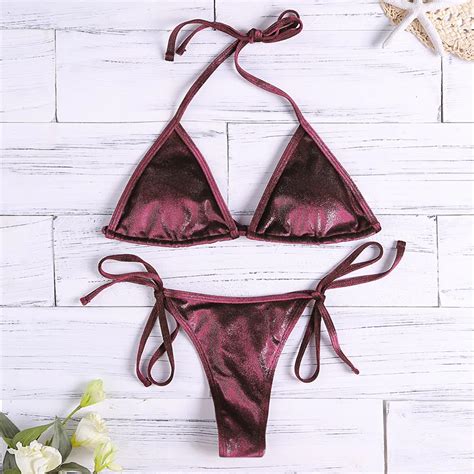 Langstar Brand Padded Sequin Halter Bandeau Bikini Set Sexy Bandage Bikini Low Waist Two Piece