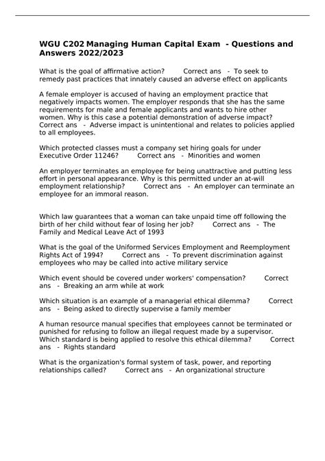 WGU C202 Managing Human Capital Exam Questions And Answers 2022 2023 WGU C202 Stuvia US