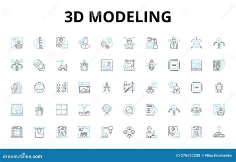 3d Modeling Linear Icons Set Rendering Animation Cad Sculpting Texturing Shading Lighting