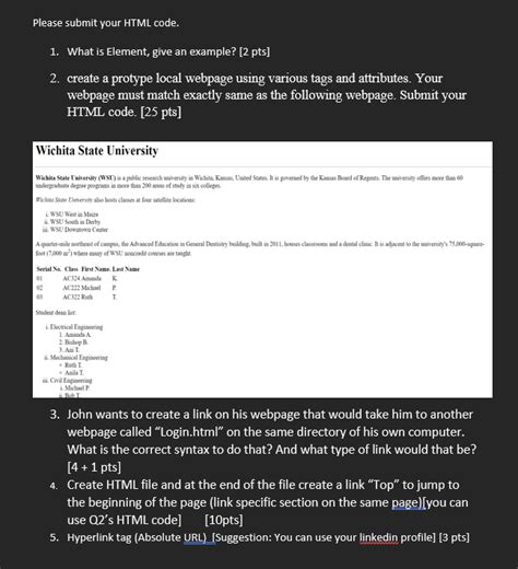 Solved Please Submit Your HTML Code 1 What Is Element Chegg Com