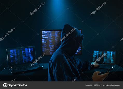 Internet Crime Concept Hacker Working Code Dark Digital Background