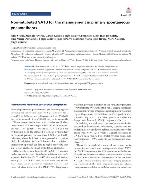 Pdf Non Intubated Vats For The Management In Primary Spontaneous
