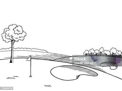 골프 코스 그래픽 아트 블랙 화이트 풍경 스케치 일러스트 벡터 골프장에 대한 스톡 벡터 아트 및 기타 이미지 골프장 스케치