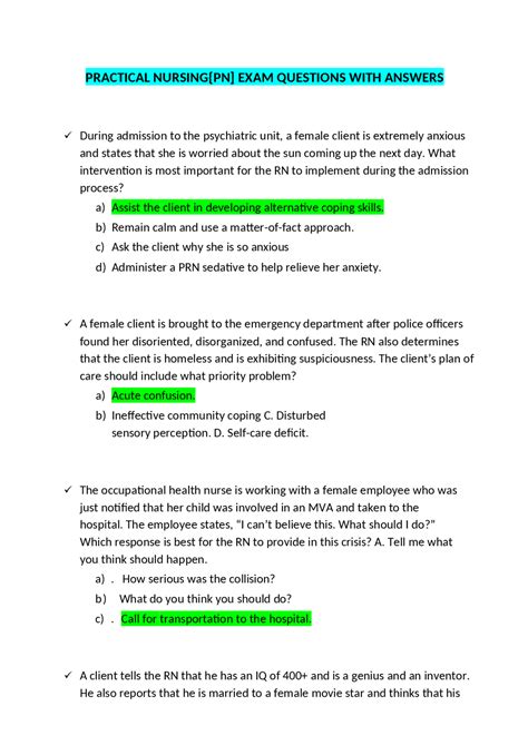 PRATICAL NURSING PN EXAM QUESTIONS WITH ANSWERS Exams Nursing Docsity