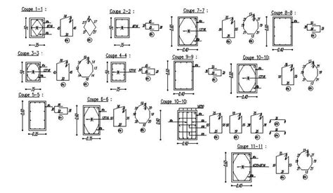 Autocad 2d Drawing Of Different Sections Of Beam With Reinforcement