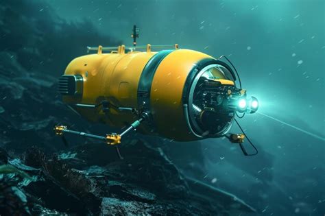 A Yellow Submersible Robot Exploring The Ocean Depths A Robot Exploring The Depths Of The Ocean