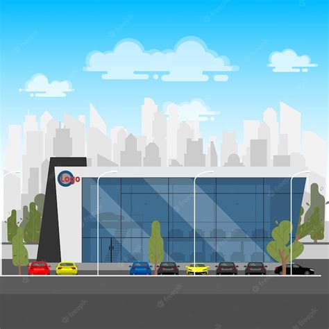 배경 실루엣 평면 디자인 일러스트와 함께 자동차 대리점 쇼룸 외관 프리미엄 벡터