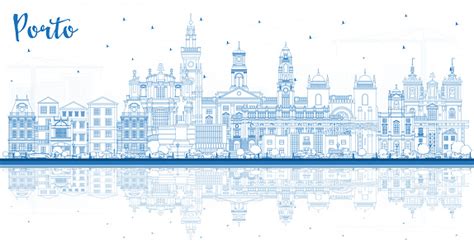 포르투 포르투갈 도시의 스카이라인을 파란색 건물과 반사로 윤곽을 그립니다 랜드마크가 있는 포르토 도시 풍경 역사적인 건축물을 가진 비즈니스 여행 및 관광 개념 0명에 대한