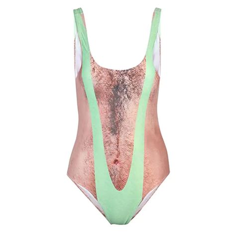 Funny Borat Printed One Piece Swimsuit Women Sexy Chest Hair Bathing