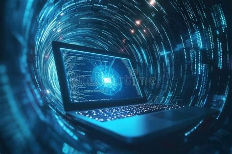 Laptop Showing Source Code In Futuristic Cyberspace Tunnel Stock Image